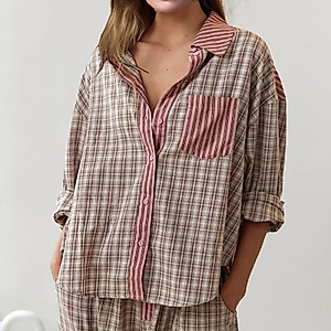 Womens Pajama Sets Spliced Pajama Top & Plaid Pajama Pants Long Sleeve Button Down Sleepwear Two-Piece Pj Set with Pockets Soft Plus Size Matching Christmas Pajamas Cotton Lounge Sets Nightwear