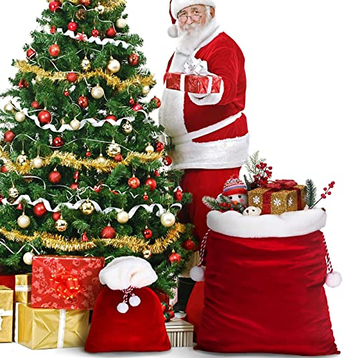 2 Pieces Christmas Velvet Bags with Drawstring in 2 Size Large Christmas Santa Gift Sack for Xmas Playing Santa Present Toy (Red, Simple Style)