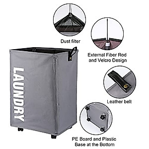 VENUSDALI Large Laundry Hamper,with Wheels Oxford Fabric Leather Handle,water Proof Folding Washing Bin,for Bedroom, Laundry Room, Closet, Bathroom, College, Dark Grey (Gray)