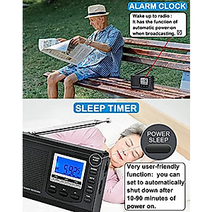 HanRongDa AM FM Shortwave Radio Portable with Excellent Reception and Backlit, Battery Operated Radios with Alarm Clock and Sleep Timer, Small Digital Tuner for Camping, Fishing, Traveling HRD-310