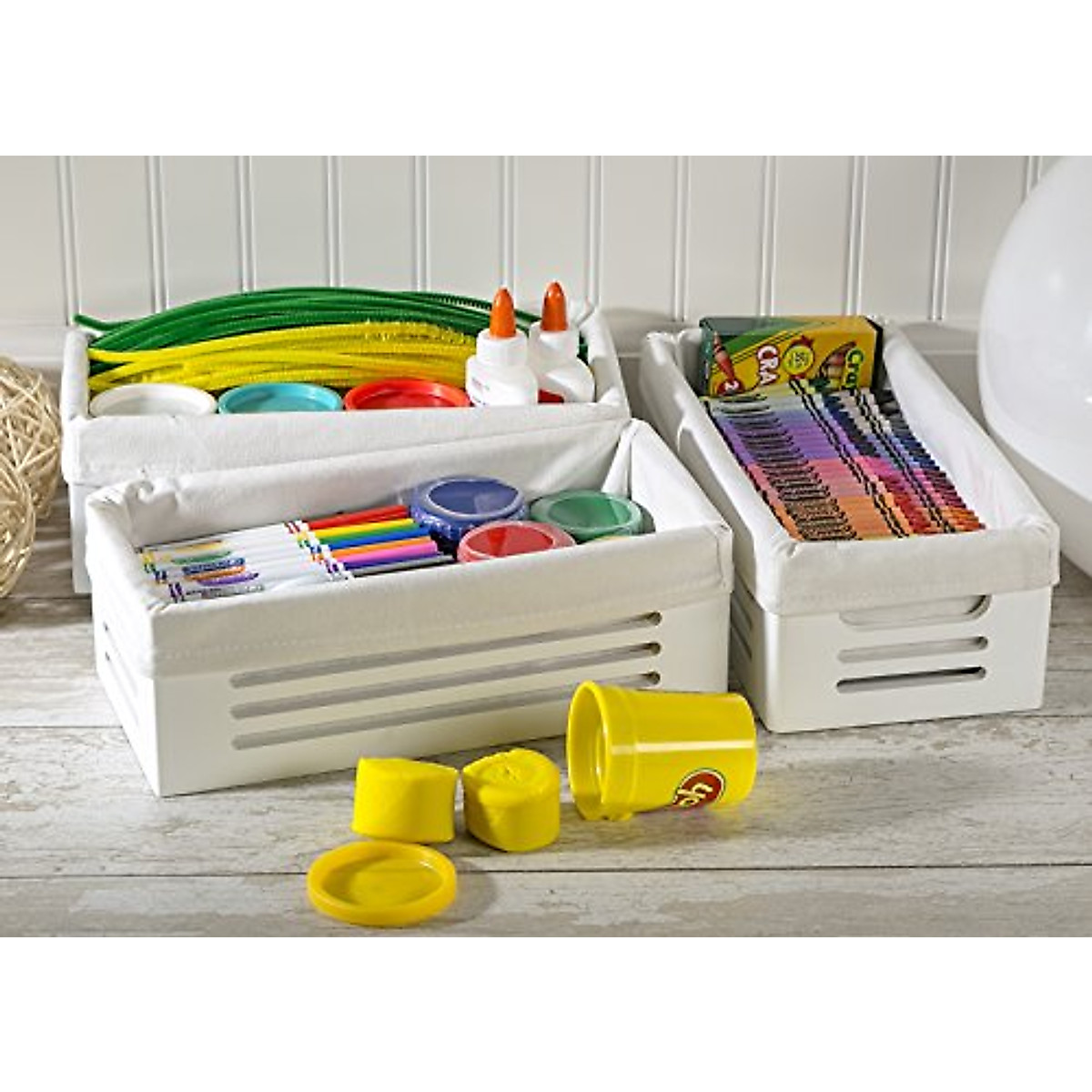 2 Pack White Bathroom Decor Box for Toilet Paper Storage - Wood Toilet Tank Basket Topper - Perfect Back of Toilet Storage Basket, Lined with Soft Linen Fabric - Ideal Countertop Sink Organizer