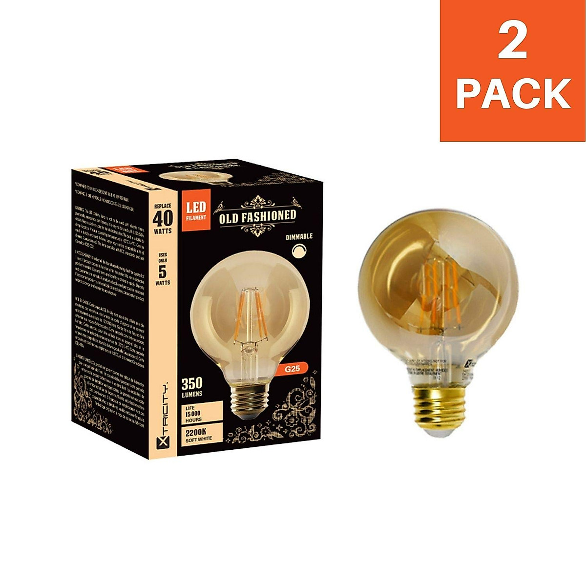 Xtricity Vintage G25 LED Globe Light Bulbs, Dimmable, Amber Glass, 5W (40W Replacement), 2200K Soft White, 350 Lumens, E26 Globe Bulb, 120V (2 Pack)