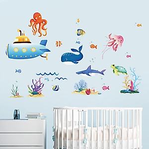 decalmile Under The Sea Wall Stickers Sailors Whale Fish Wall Decoration Bedroom Kids Baby Nursery Bathroom