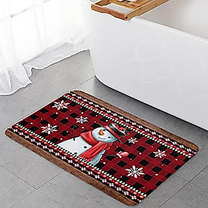 Kitchen Mat Rug Set of 2 Christmas Snowman Snowflake on Red and Black Buffalo Check Runner Rug Anti-Fatigue Comfort Memory Foam Standing Mat Non-Slip Floor Door Mat for Bedroom 18x30in+18x60in