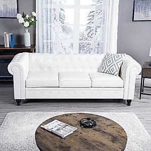 Naomi Home Emery Chesterfield Sofa with Rolled Arms, Tufted Cushions / 3 Seater Sectional Sofa Couch for Small Spaces, Living Room, Bedroom, Apartment Easy Tool-Free Assembly - White, Air Leather