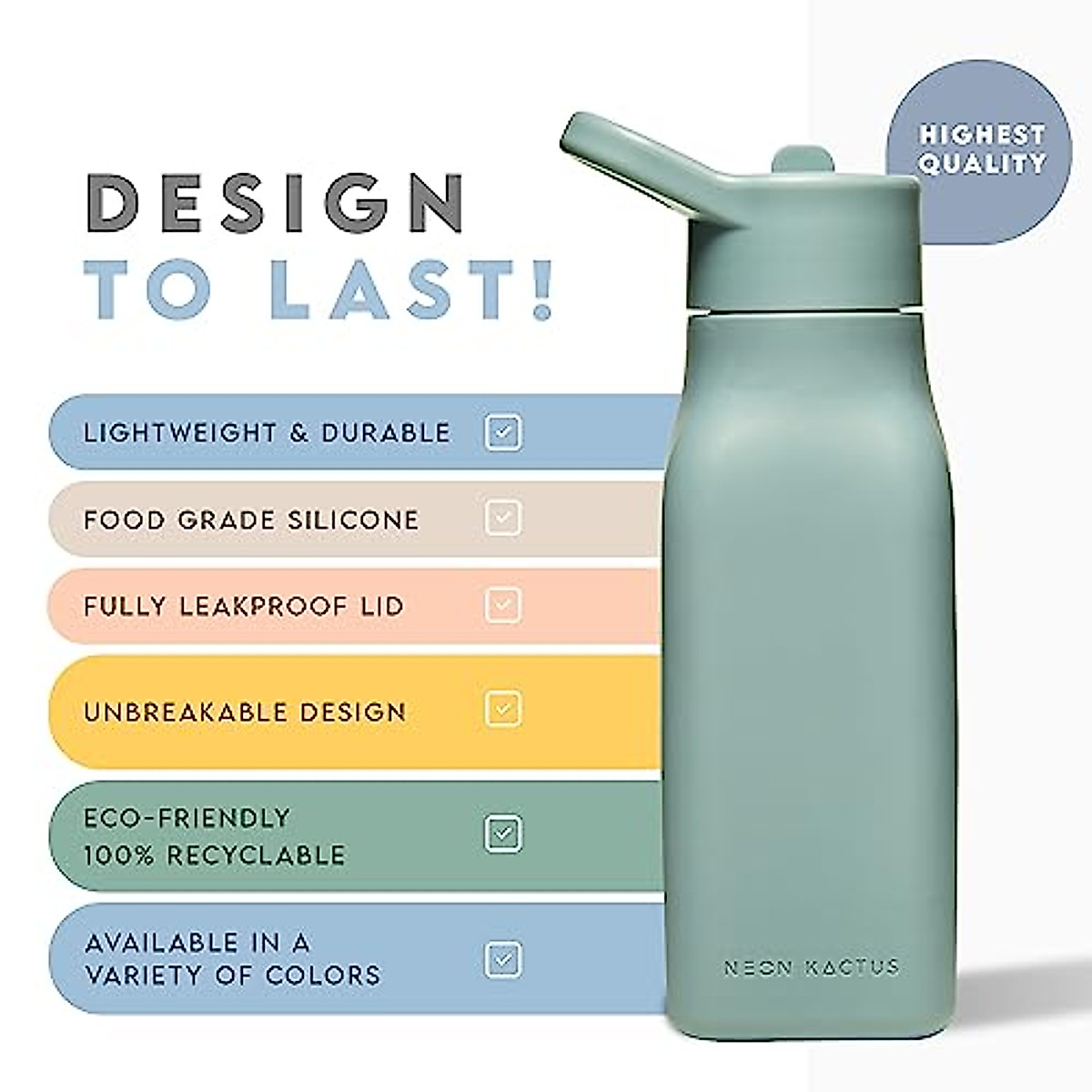 Neon Kactus Silicone Kids Bottle | Kids Water Bottle with Straw and Carry Handle for School, Travel, Sports | Drinking Bottle for Girls and Boys | BPA-Free, Dishwasher-Safe | Happy Camper, 340ml