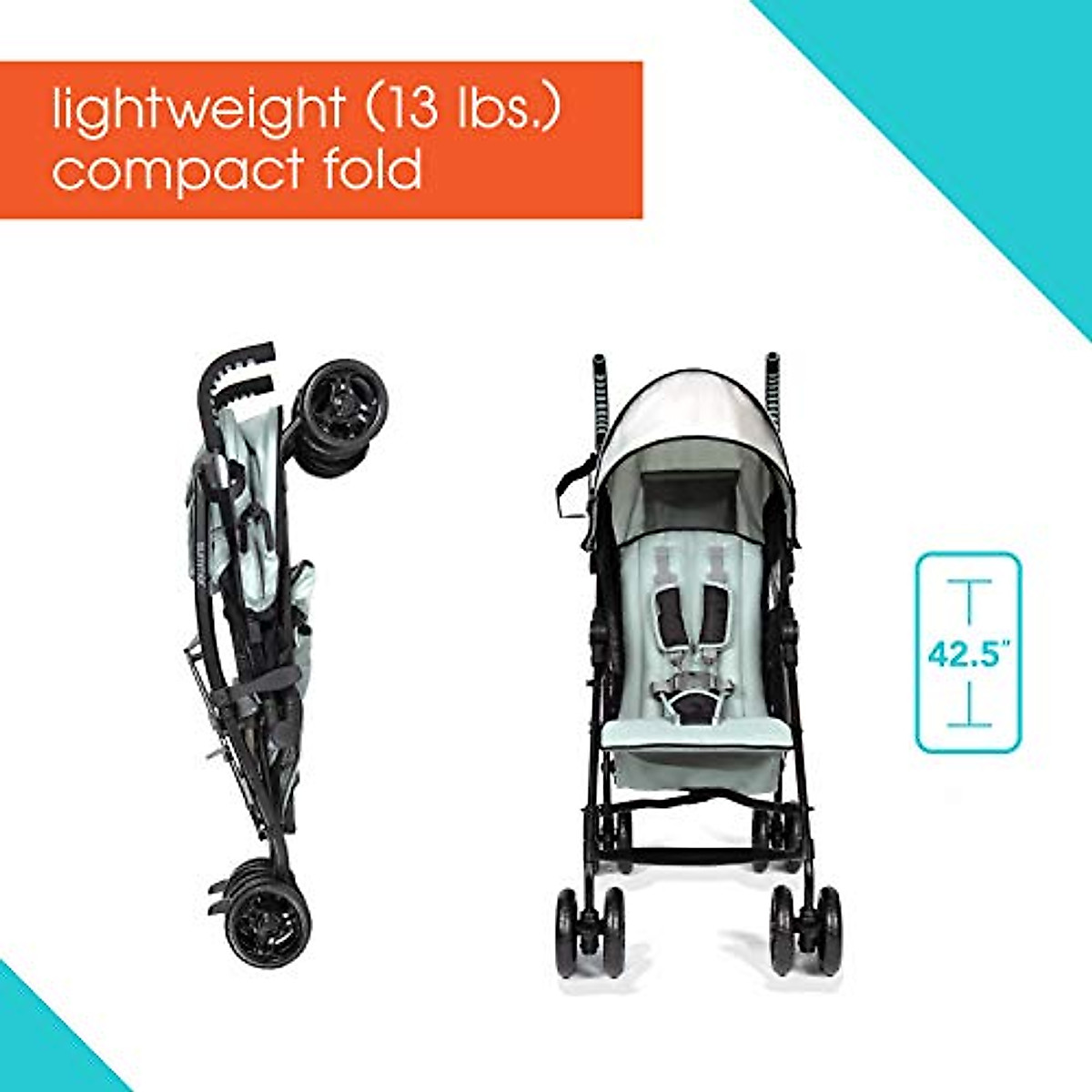 Summer Infant 3Dlite Convenience Stroller, Eucalyptus–Lightweight Stroller with Aluminum Frame, Large Seat Area, Mesh Siding, 4 Position Recline, Extra Large Storage Basket-Infant Stroller for Travel