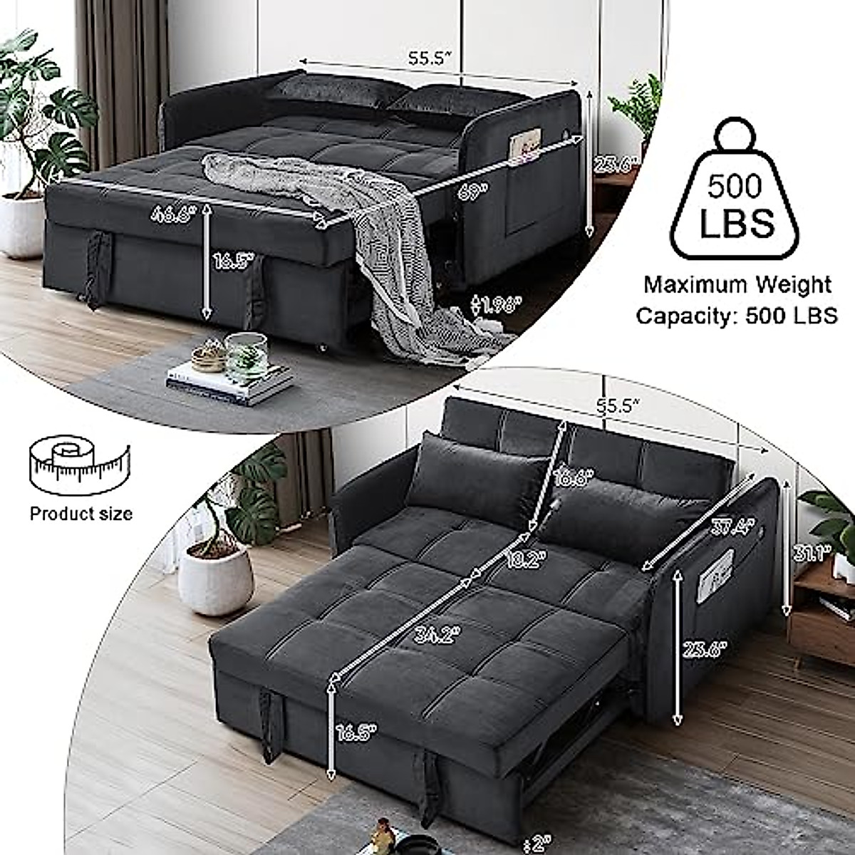 Velvet Pull Out Sleeper Sofa Bed with USB Ports, Convertible Futon Couch with Adjustable Backrest, 3 in 1 Modern Loveseat with 2 Pockets and Pillows, Small Love Seat for Living Room, Office, Black