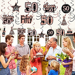 30Pcs Rose Gold 50th Birthday Hanging Swirl Decorations for Women, Cheers to 50 Years Birthday Foil Swirls Party Supplies, Fifty Bday Ceiling Hanging Sign Decor