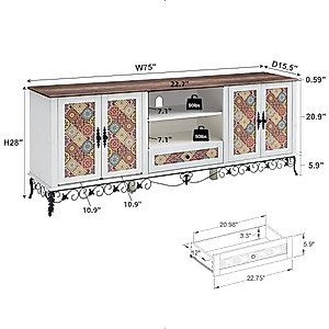 OKD Boho TV Stand for TVs Up to 85 inches, 28" Tall Highboy Entertainment Center w/Barn Door, 75" Large Wood Rustic TV Console Cabinet w/Adjustable Shelves for Living Room, Antique White