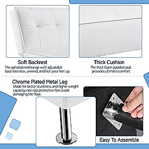 Topeakmart Convertible Sofa Bed Tufted Faux Leather Couch Bed with Chrome Metal Legs Adjustable Backrest Easily Converts to Recliner and Bed Comfortable Sofa for Living Room/Bed Room/Apartment,White
