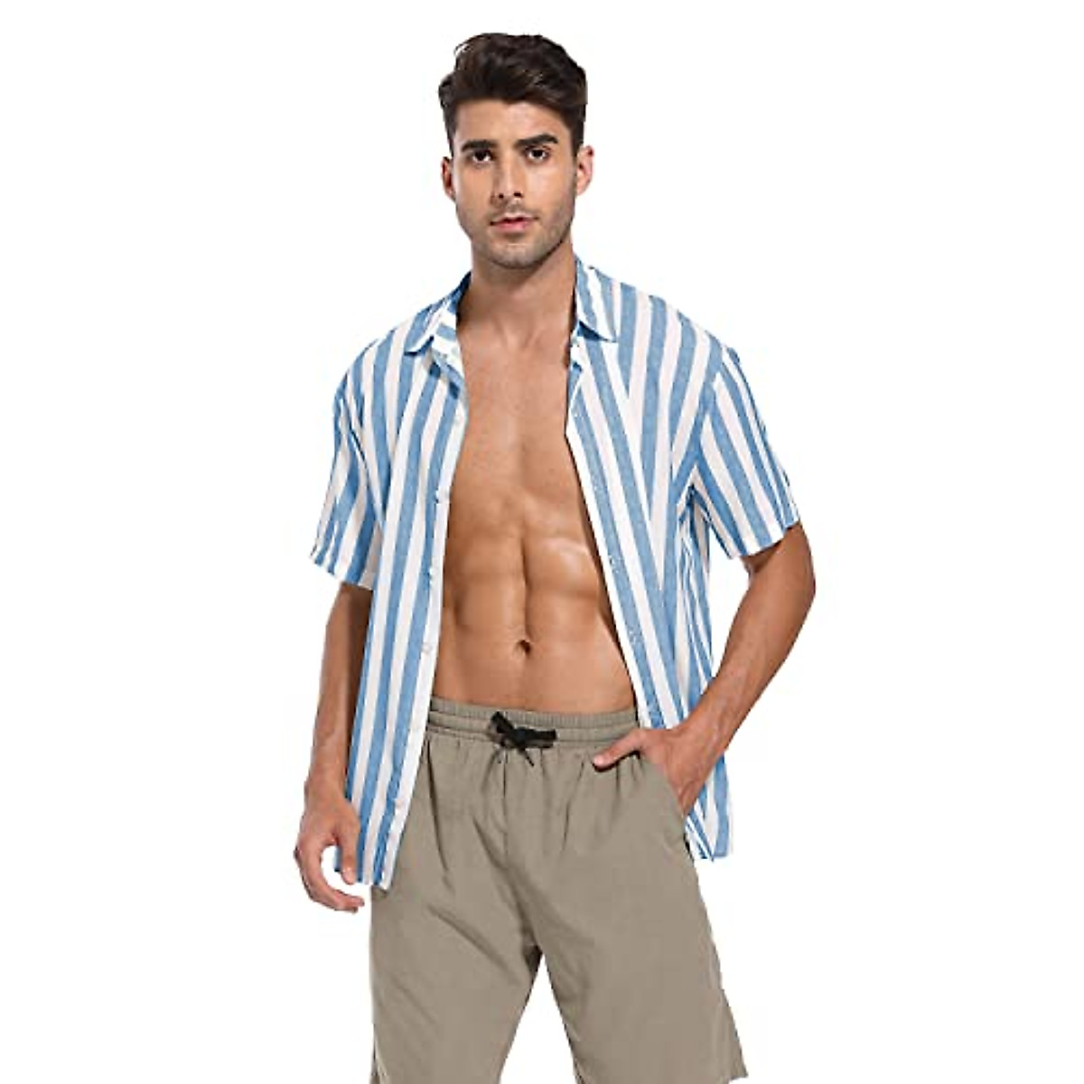 NmglhNm Mens Striped Summer Shirts Short Sleeve Casual Button Down Stylish Tropical Beach Shirts LightBlue 3X-Large