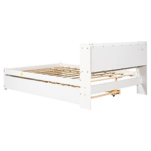 Lifeand Full Wooden Bed with Trundle,Bookcase,White