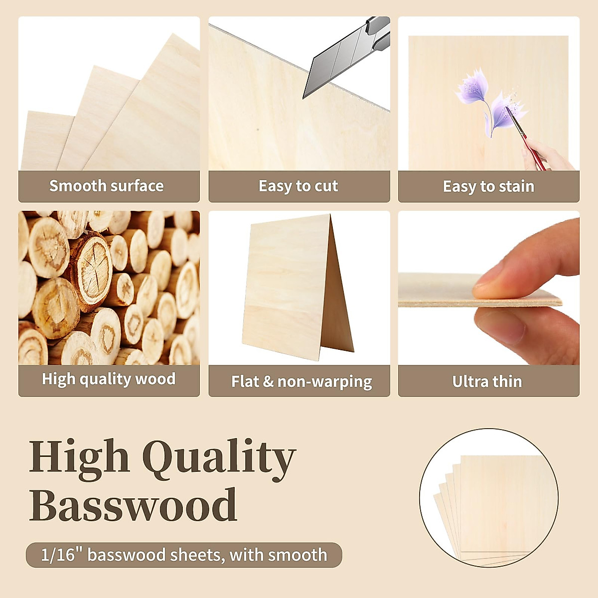 Balsa Wood Sheet, 5 Pack Plywood Sheets, Basswood Sheets 12 X 12 X 1/16 Inch, Unfinished Craft Wood, Thin Wood Boards for Laser Cutting, Engraving, Wood Burning, Crafts