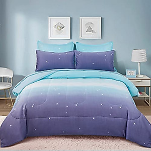 Girls Comforter Set Twin XL Size 6 Pieces Colorful Ombre Blue Purple Rainbow Bedding Set Bed in A Bag for Kids Teen Girls (1 Comforter, 1 Flat Sheet, 1 Fitted Sheet, 1 Pillow sham, 2 Pillowcases)