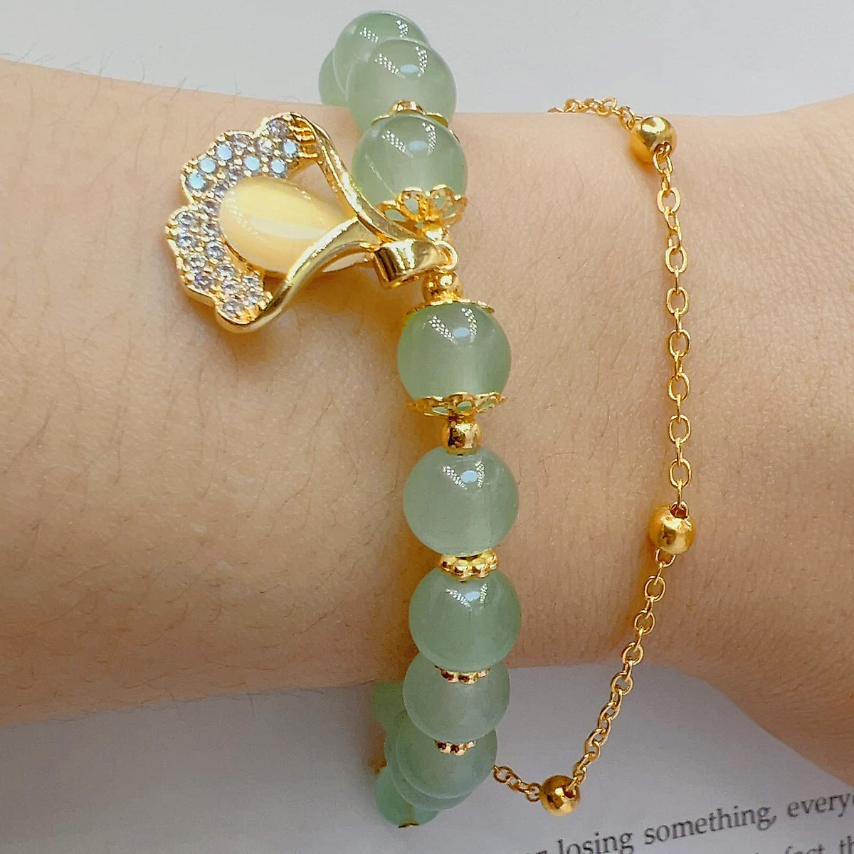 Natural Jade Bracelet for Women Hotan Jade Leaf Bracelet Natural 2-Layer Green Nephrite Jade Bracelet for Women Round Bead Design with Zircon Leaf Charm Bracelet,Lucky Jade Bracelet Ladies Jewelry (Ginkgo leaf)