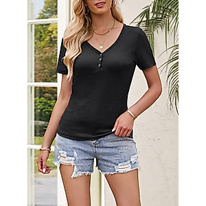 MEROKEETY Women's Short Sleeve V Neck Ribbed Knit Button T Shirts Henley Solid Color Summer Tops, Black, M