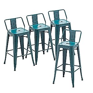 Andeworld Distressed Bar Stools Set of 4 Industrial Counter Stools Metal Barstools with Backrest (30 Inch, Distressed Design Teal)