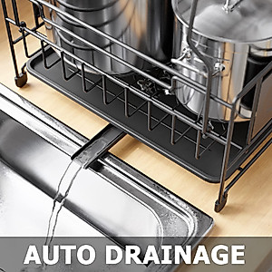 2 in 1 Kitchen Dish Drying Rack, 2-Tier Dish Rack for Kitchen Counter with Drainboard, Stainless Steel Large Capacity Dishrack, Multifunctional Rustproof Dish Drainer, Black