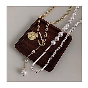 Y2K Necklace Coin Pendant Layered Necklace 18K Gold Plated Ball Splicing Chain Paper Clip Pearl Drop Fashion Y2k Choker Jewelry for Women Girl