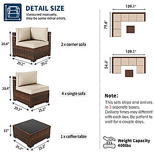 UDPATIO Patio Furniture Sets, Modular Rattan Outdoor Patio Sectional Furniture Sofa Set, Wicker Patio Conversation Set for Backyard, Deck w/Glass Table, 7PC Brown/Cream (Include Sofa Cover)