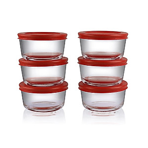 BOVADO USA 1 Cup Glass Food Storage Containers (6 Pack) | Nonpourous Dishwasher, Freezer & Oven Safe Glass, Easy-Clean | Red Lids