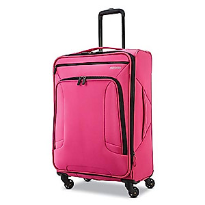 American Tourister 4 Kix Expandable Softside Luggage with Spinner Wheels, Pink, Checked-Medium 25-Inch