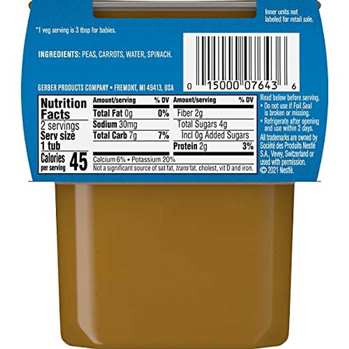 Gerber Baby Food Pea Carrot Spinach Puree, 4 Oz, 2 Pack Tubs