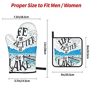 Life is Better at The Lake Pier Plants Mountains Oven Mitts and Pot Holders Sets of 4，Heat Resistant Kitchen Microwave Gloves and Pot Pads with Non-Slip Surface for Grilling Baking Cooking BBQ