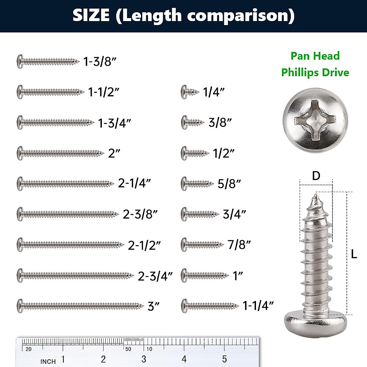 #12 x 1/2" (50 Pack) Stainless Steel Phillips Pan Head Wood Screws, Stainless Steel 304 (18-8), Pan Head Sheet Metal Screws Self Tapping Screws