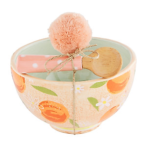 Mud Pie Floral Dip Dish Set, Pink, bowl 3" x 5"dia | spoon 1.2" x 4"