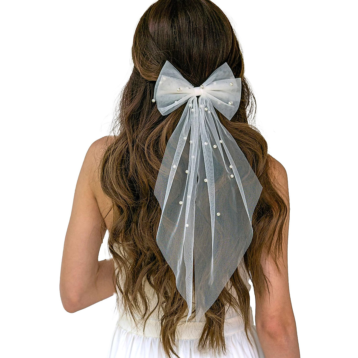 YAEISM Bridal Pearl Hair Bow Veil Bachelorette Party Decorations White Bow Short Wedding Veil Elegant Double Bowknot Bride Hair Clip Engagement Bridesmaid Gift