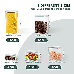 Tourdeus Pop Up Lid Food Storage Containers, Clear Storage Containers for Pantry Airtight Kitchen Containers Storage Set - 5 Pack for Cereal, Flour and Sugar, 3.5Qt, 2.9Qt, 2.1Qt, 1.3Qt, 0.6Qt