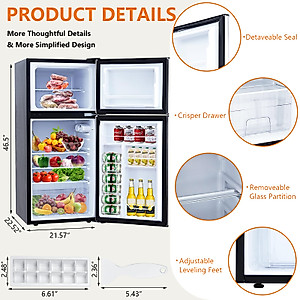 Litake 4.5 Cu. Ft Mini Fridge with Freezer, Refrigerator with Stainless Steel 2 Doors, 5 Adjustable Thermostat Settings, Compact Refrigerators with Crisper Drawer for Apartment, Dorm, Office, 128L