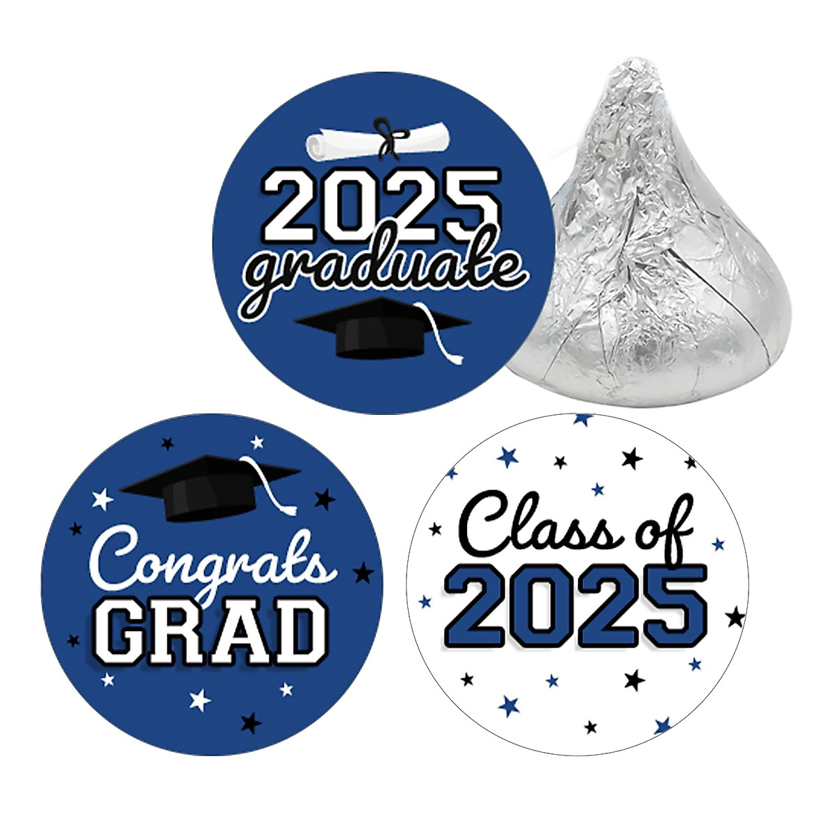 Graduation Party Stickers for Kisses Candy, Chocolate Drops, Grad Party Favors - 180 Count (Blue 2025)