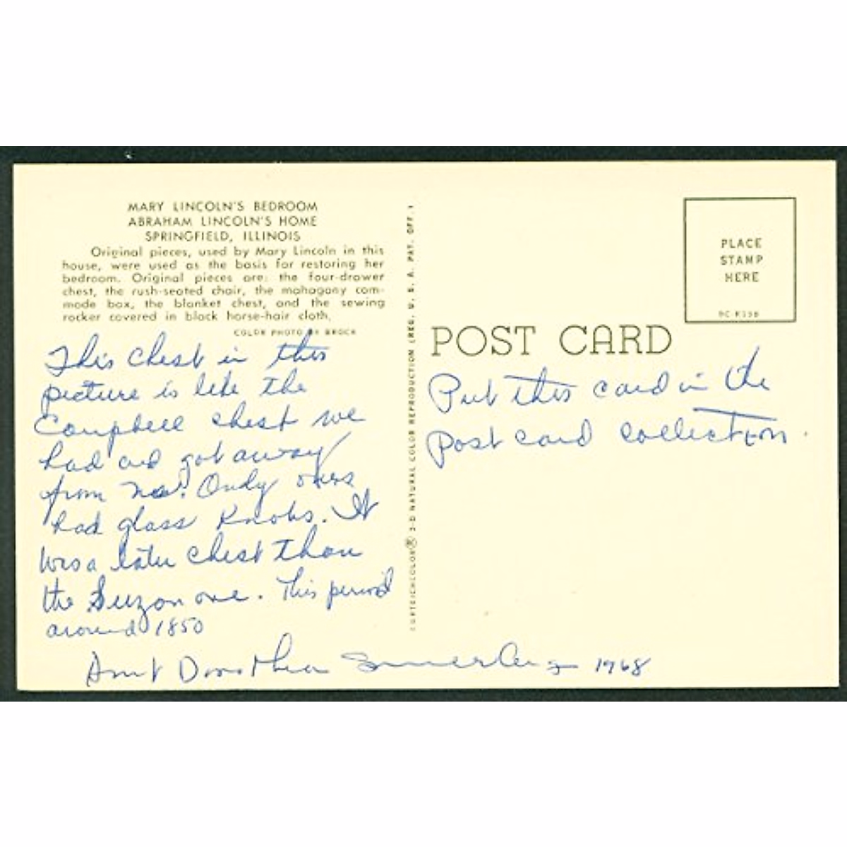 Mary Lincoln's Bedroom President Abraham Home Vintage Postcard