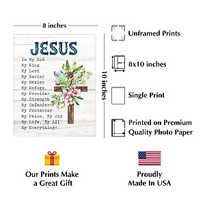 Jesus Is My God, King, Peace, Joy Inspirational Christian Wall Art Decor -8 x10" Rustic Floral Cross Print -Ready to Frame. Motivational Decor for Home-Office-Church. Great Religious Gift of Faith!