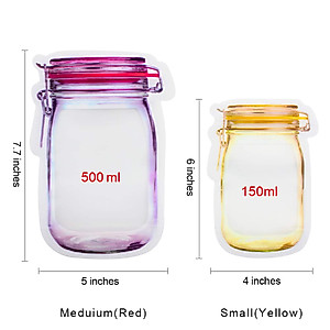 20 Pcs Mason Jar Zipper Bags, Reusable Airtight Seal Food Storage Bags, Multi-Size Food Safe Material Leak-Proof Saver Bags for Travel Camping and Kids