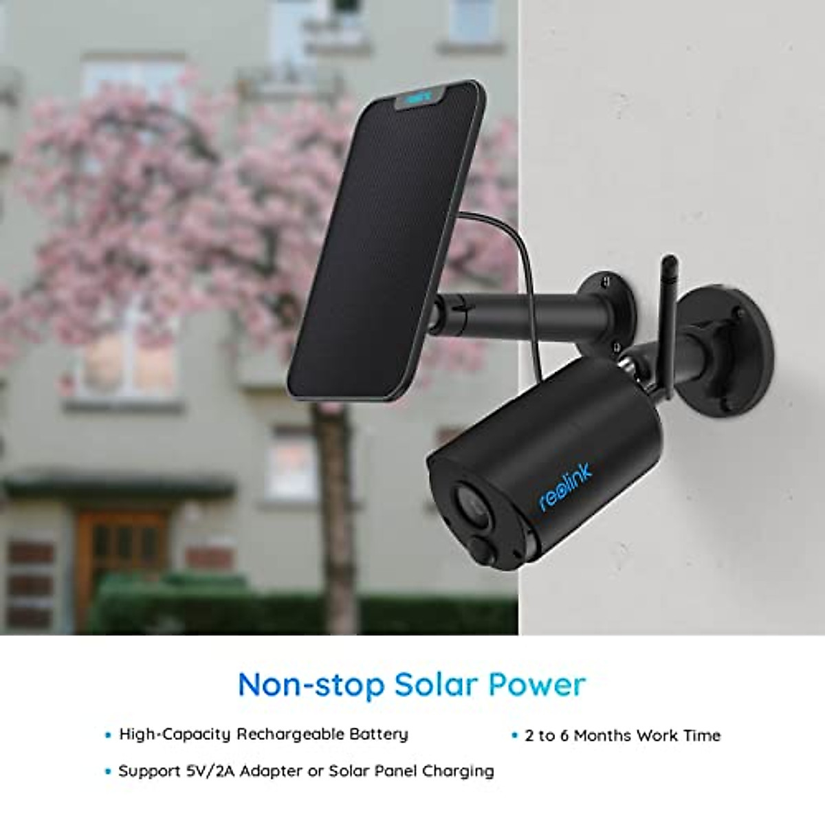 REOLINK Security Camera Wireless Outdoor Solar Powered, No Monthly Fee, 1080p, 2-Way Talk, Night Vision, PIR Motion Detection, Works with Alexa for Home Surveillance, Argus Eco w/Solar Panel Black