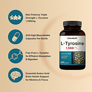 L Tyrosine Supplement, 1,500mg Per Serving, 240 Capsules | Essential Amino Acids – Brain Health Support for Memory, Cognitive Health, and Mental Alertness – Non-GMO