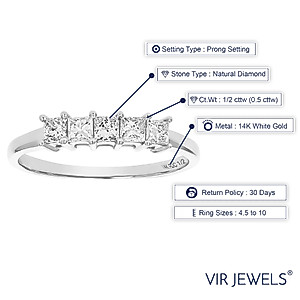 VIR JEWELS 1/2 cttw Engagement Ring, Princess Cut Diamond Engagement Ring in 14K White Gold 5 Stones, Size 7.5