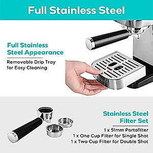 CASABREWS Espresso Machine 20 Bar, Professional Coffee Maker Cappuccino Latte Machine with Steam Milk Frother, Espresso Coffee Machine with 49oz Removable Water Tank, Stainless Steel, Gift for Dad Mom