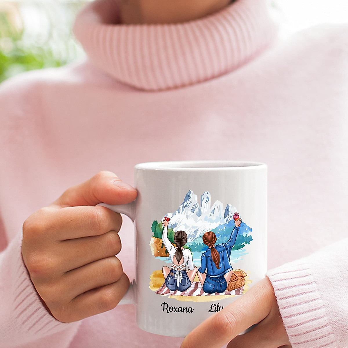 Personalized Best Friend Coffee Mug I'd Walk Through Fire For You, Choose Names, Hairstyle, Scenery, Custom Mugs For BFF, Besties, Good Friends Birthday Gift White Mug 11oz, 15oz
