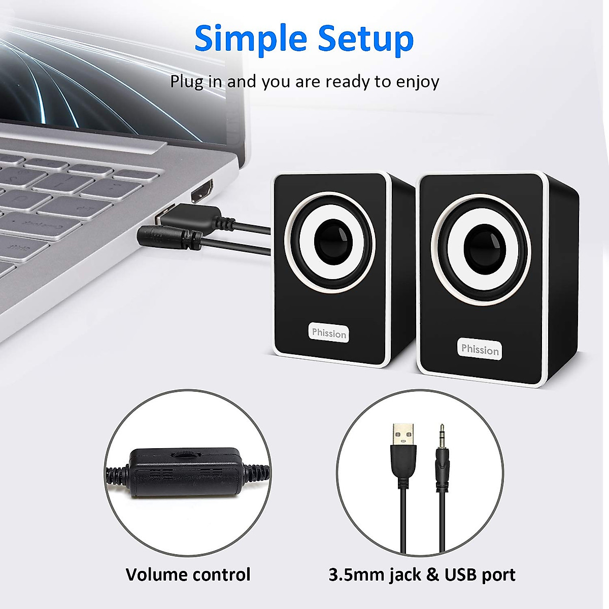 Computer Speakers, Phission Mini Speaker with Stereo Sound 6W USB Powered 3.5 mm AUX-in Portable Speaker for Computer, Laptop, Notebook, Desktop (Black)