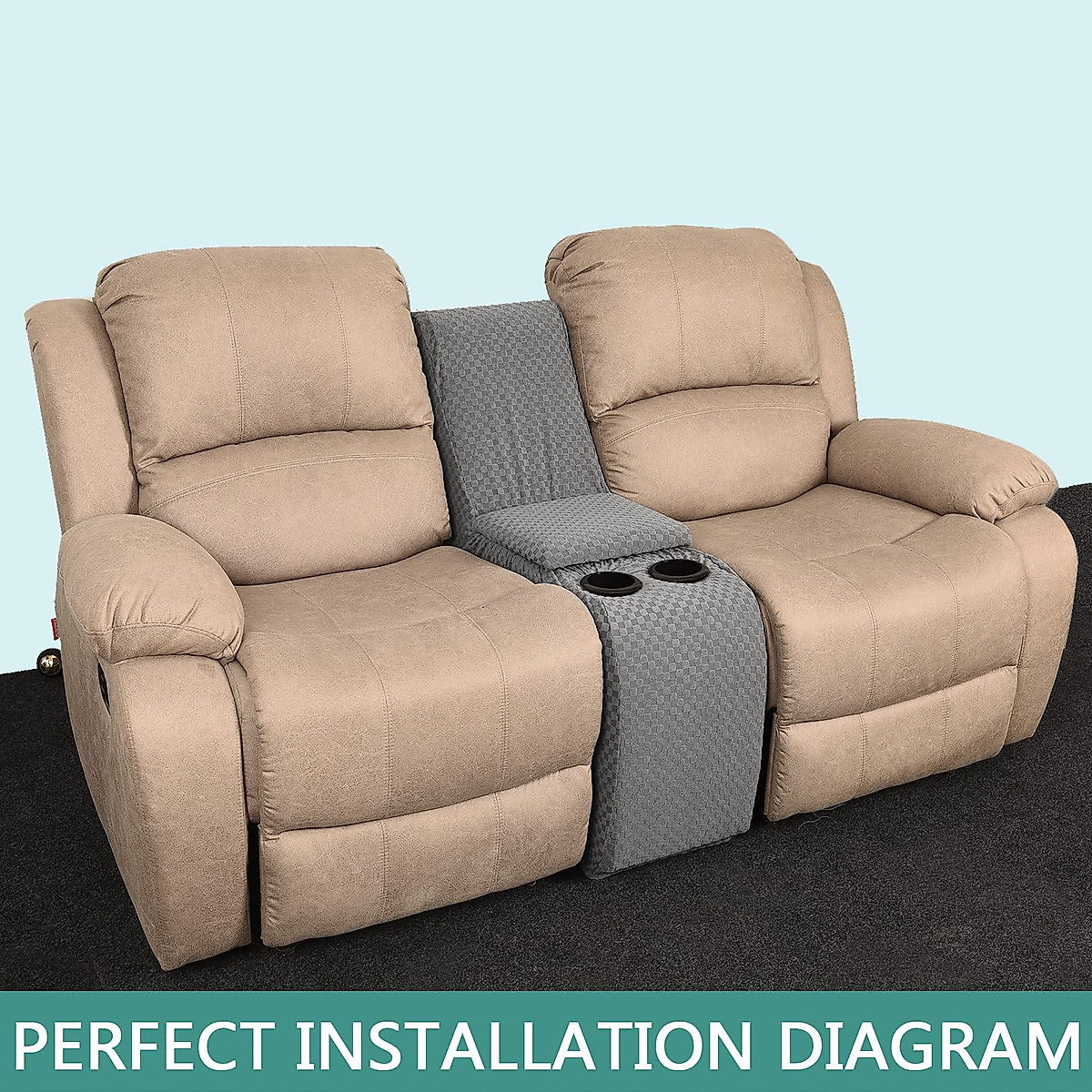 YEMYHOM Additional Recliner Console Cover for Couch with Cup Holder and Storage, Latest Jacquard Middle Reclining Console Slipcover Fitted Furniture Protector with Elastic Bottom (Light Gray)