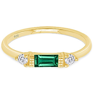 AFFY Baguette Cut Simulated Emerald And White Cubic Zirconia In 14K Yellow Gold Plated 925 Sterling Silver Three Stone Design Bridal Engagement Wedding Ring Jewelry For Women Size -6