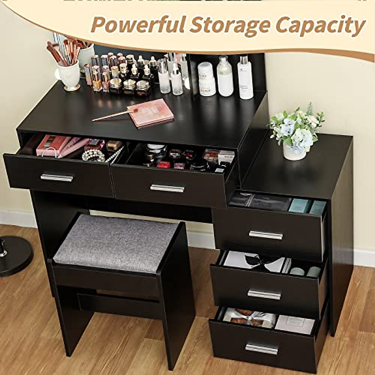 usikey 43.5in Large Vanity Desk with Mirror and 10 LED Lights, Makeup Vanity Table with Lights and 5 Drawers, Black Vanity Table Vanity Set with Storage Shelves and Stool for Women Girls, Black