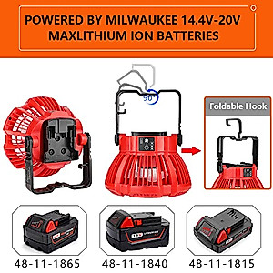 YEX-BUR Portable Camping Fan for Milwaukee, Rechargeable Personal Desk Tent Fan with Foldable Hook,Remote Control 4H Timer for Milwaukee 18V Li-ion Battery Cordless Fan for Camping, Bedroom
