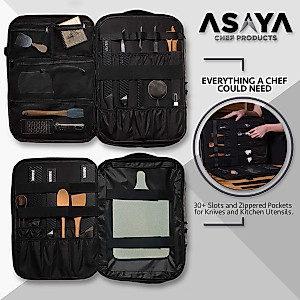 Asaya Chef Knife Backpack with 20 Pocket Knife Roll Bag - Over 30 Pockets for Knives and Kitchen Utensils - Stain Resistant Waxed Nylon - Padded for Extra Protection - Knives Not Included (Grey)