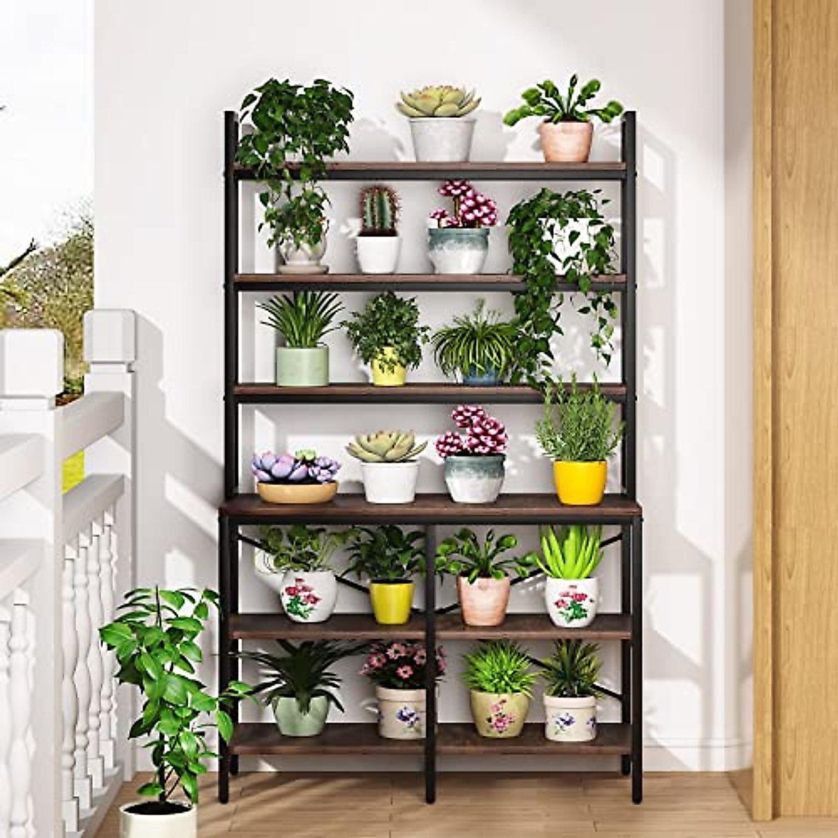 LITTLE TREE 6-Tier Tall Bookshelf with X-Shaped Frame, Industrial Bookcase with Storage, Utility Stand Shelf